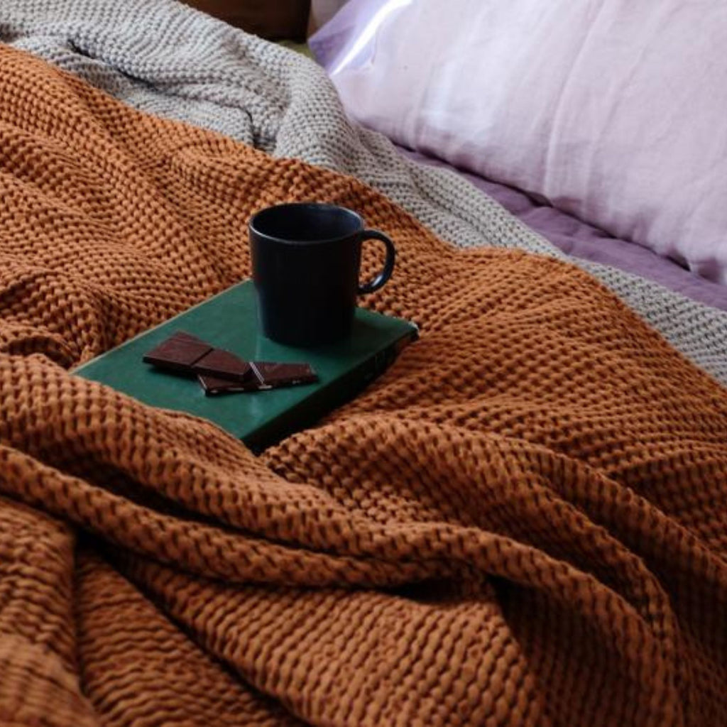 Cinnamon color Waffle textured Linen Blanket