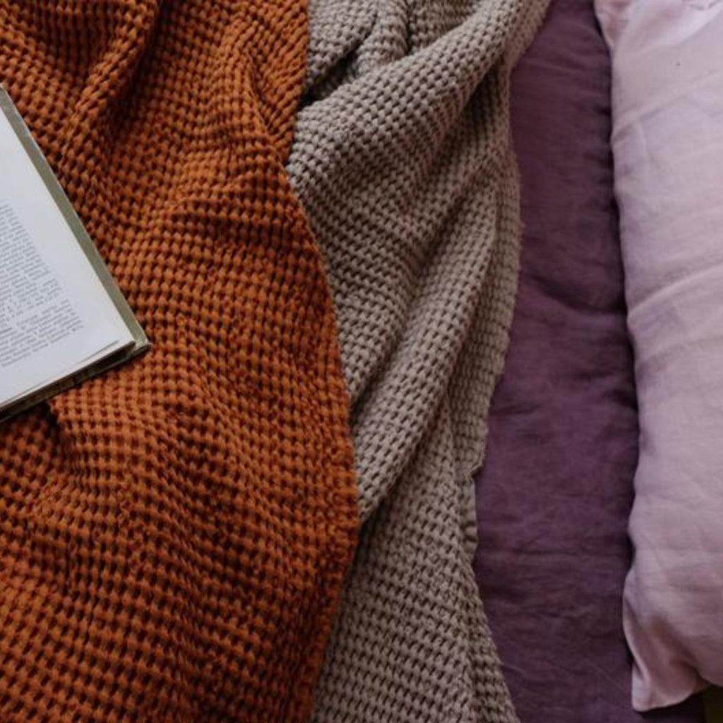 Cinnamon color Waffle textured Linen Blanket