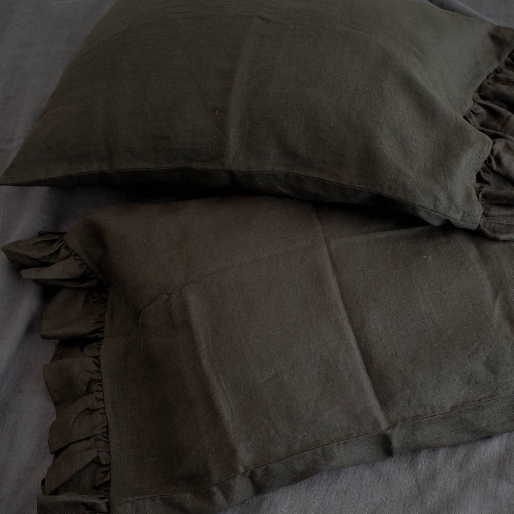 Black Linen Shams with Ruffles