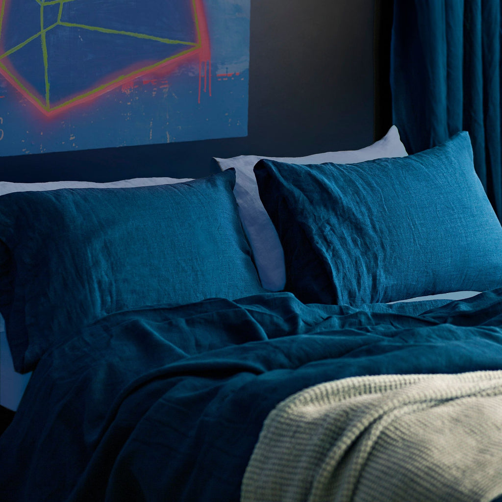 Sea Blue color Linen Bedding set-Duvet cover & 2 Pillow Cases (3 pcs)